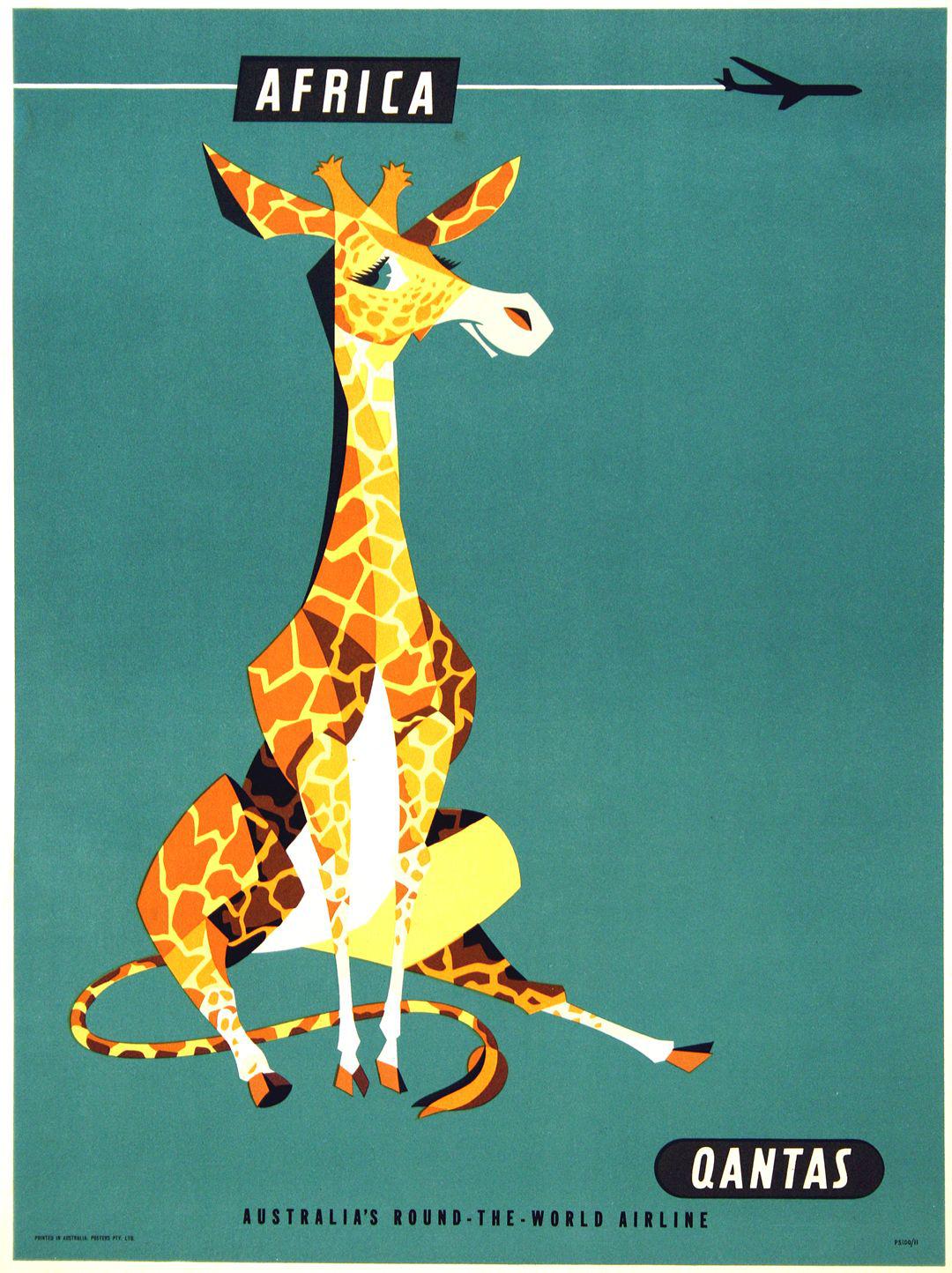 Original Qantas Africa Giraffe Poster C1960 By Harry Rogers Original Qantas Africa Giraffe Poster C1960 By Harry Rogers